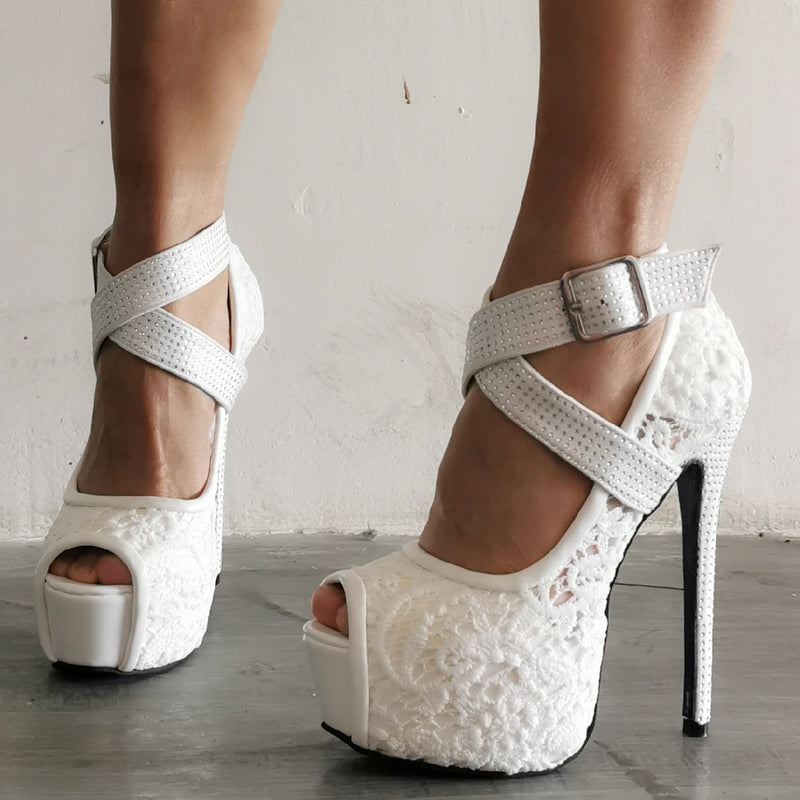 Peep Toe Platform Criss Cross Strap Mesh High Heels – Onlymaker