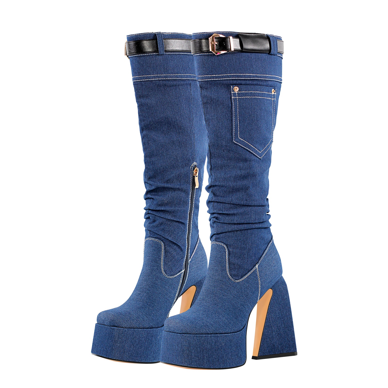 Denim Square Toe Chunky Heel Platform Boots – Onlymaker