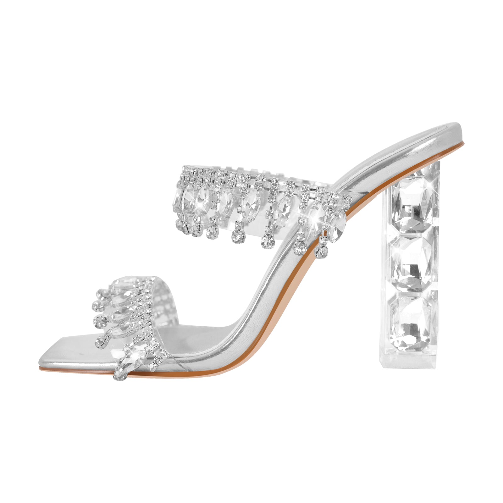 Silver Rhinestone Square Toe Clear Chunky Heel Sandals – Onlymaker