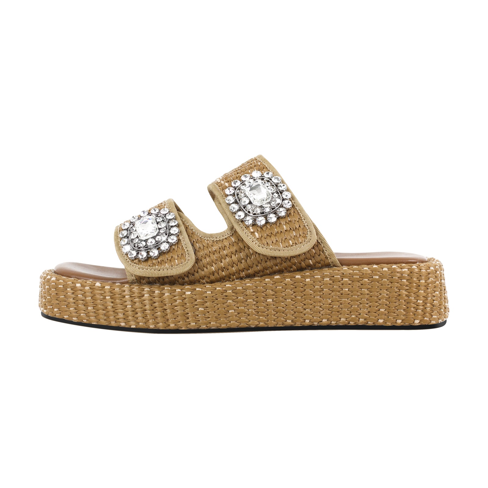 Rhinestone Square Toe Straw Platform Slippers – Onlymaker