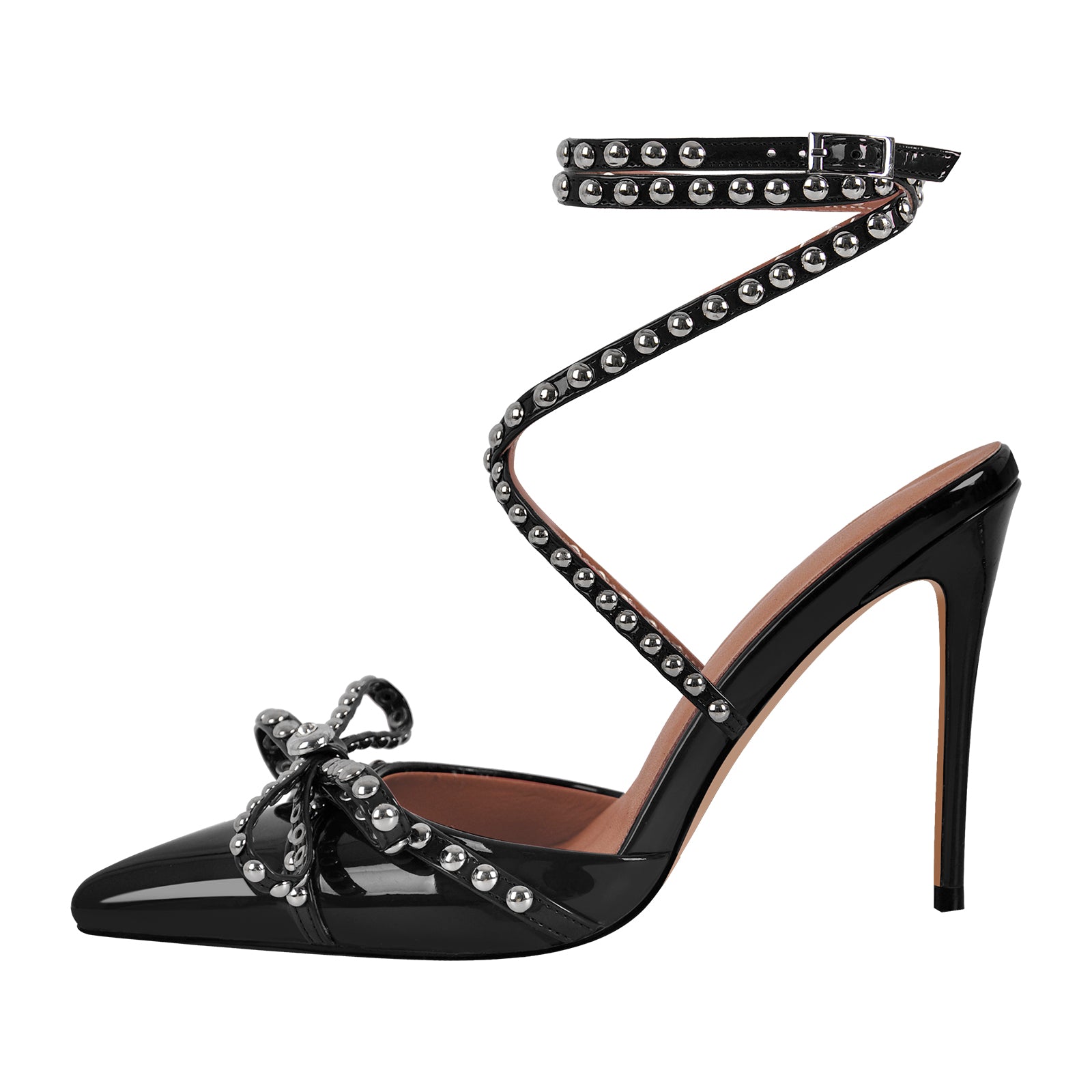 Bow Rivet Pointed Toe Cross Ankle Strap Pumps – Onlymaker