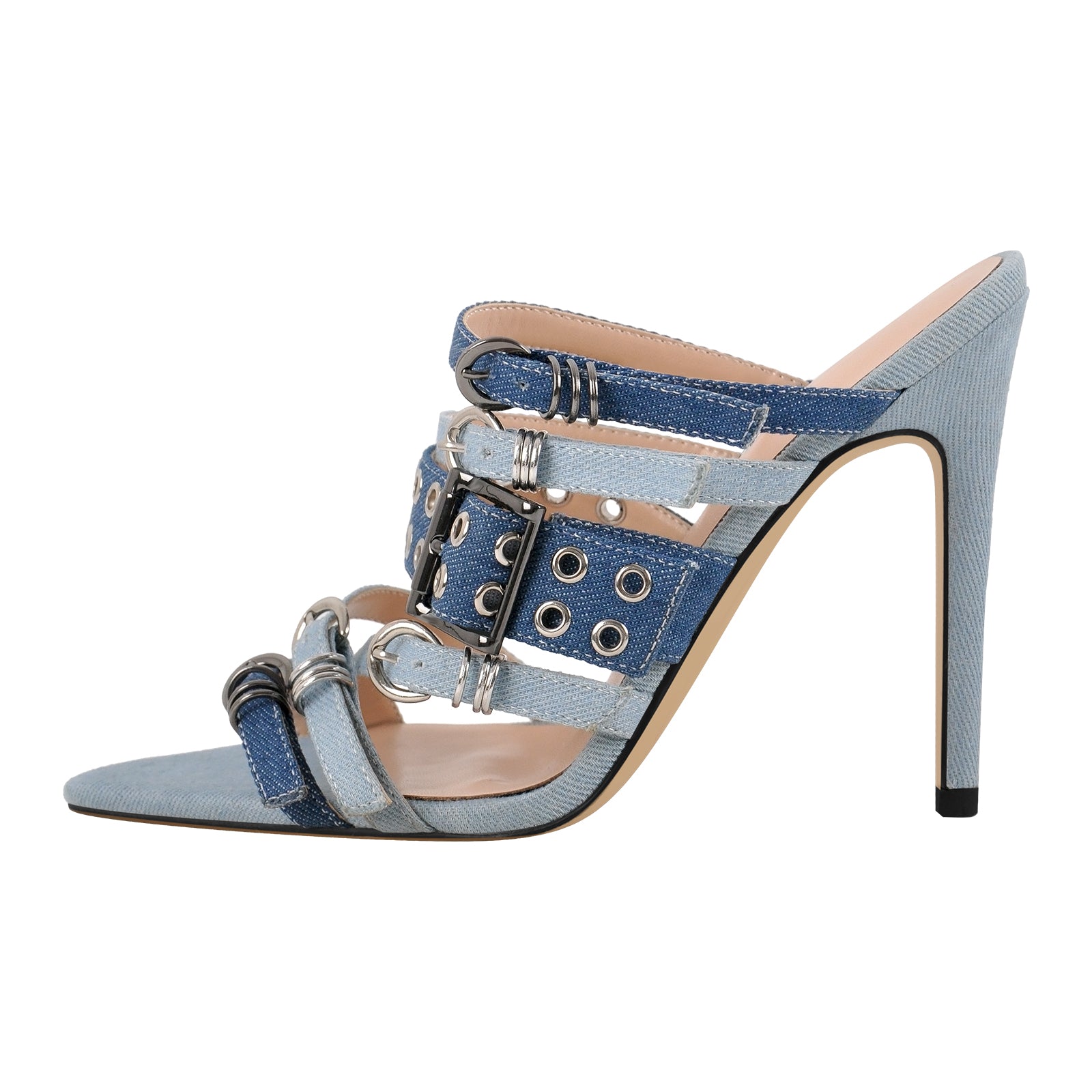 Denim Pointed Toe Buckle Straps Mules – Onlymaker