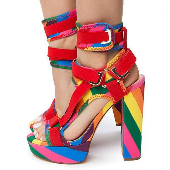 Canvas Rainbow Ankle Strap Chunky Heel Sandals – Onlymaker