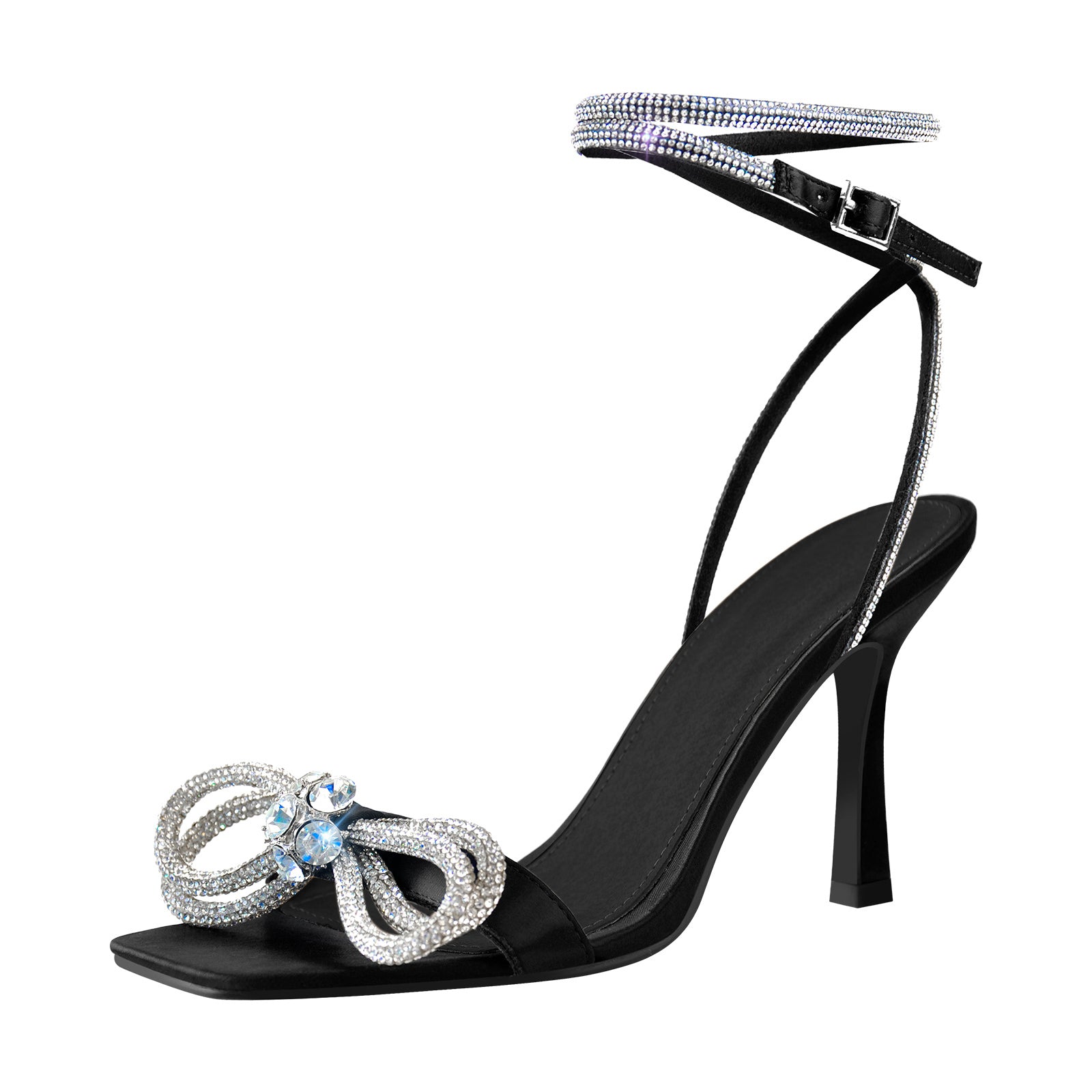 Square Toe Diamante Bow Rhinestone Ankle Strap Sandals – Onlymaker