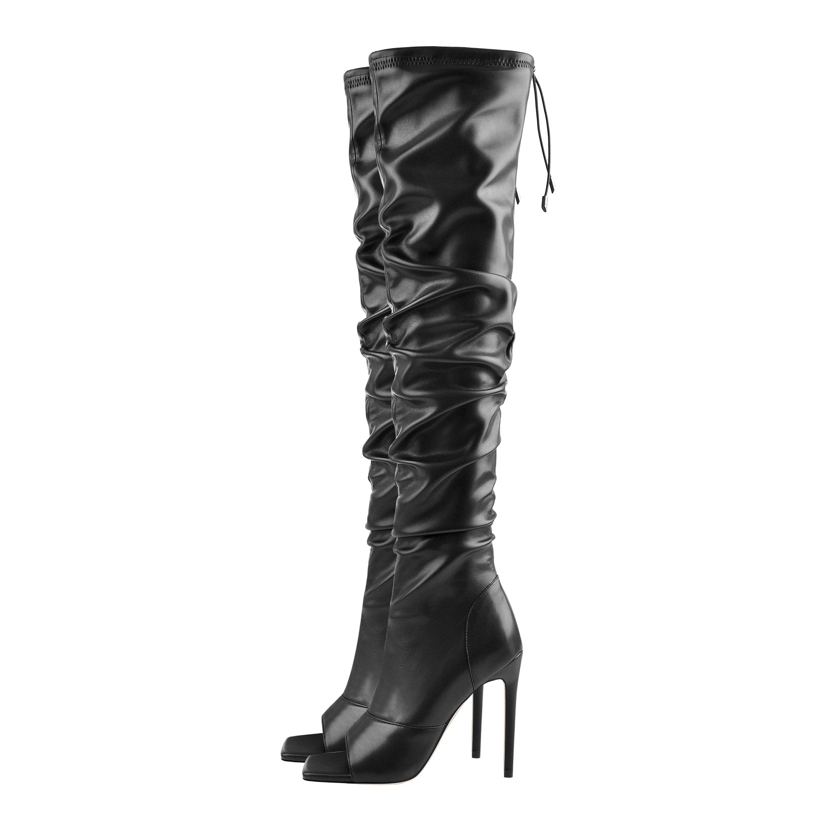 Black Open Square Toe Knee High Stiletto Zipper Boots – Onlymaker