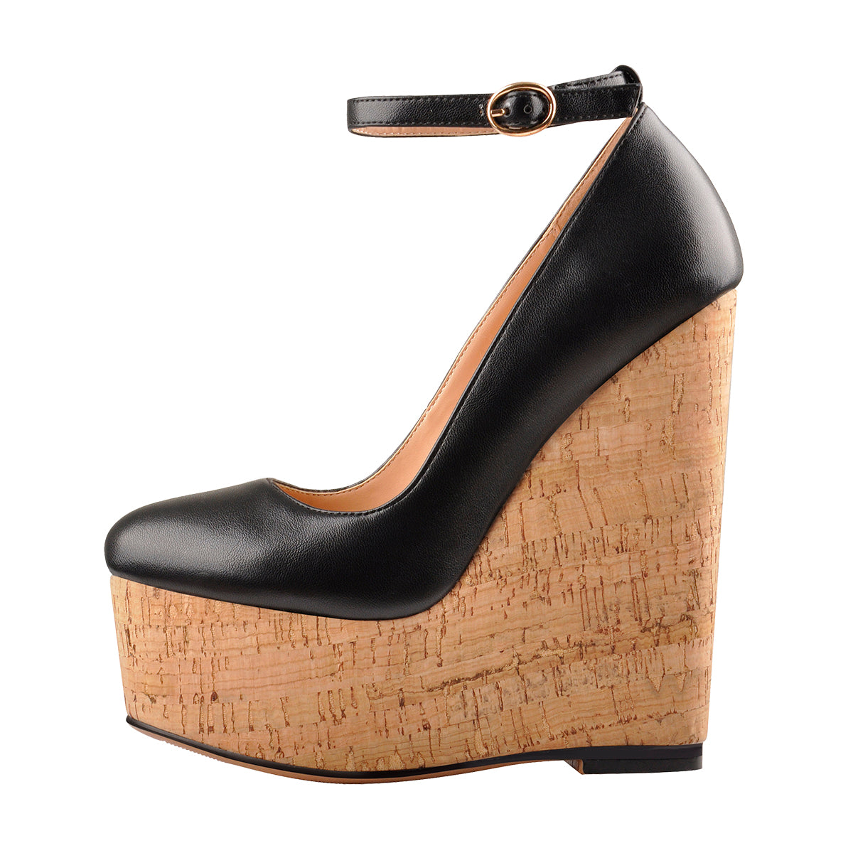 Wood Grain Platform Wedges Round Toe Buckle Strap Pumps – Onlymaker